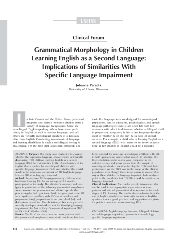 (PDF) Grammatical Morphology in Children Learning English as a Second Language: Implications of ...