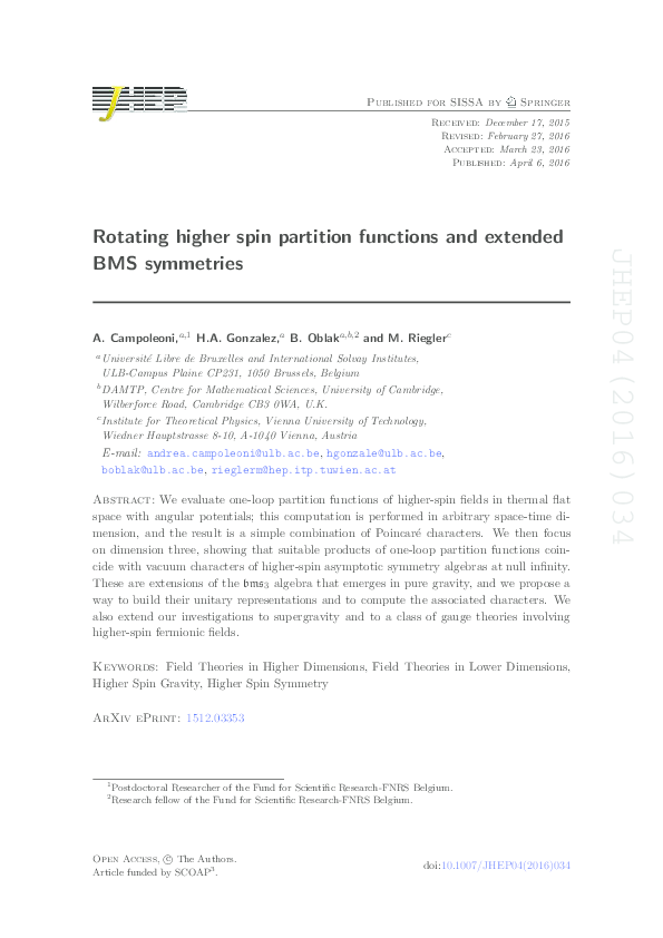 Pdf Rotating Higher Spin Partition Functions And Extended Bms Symmetries