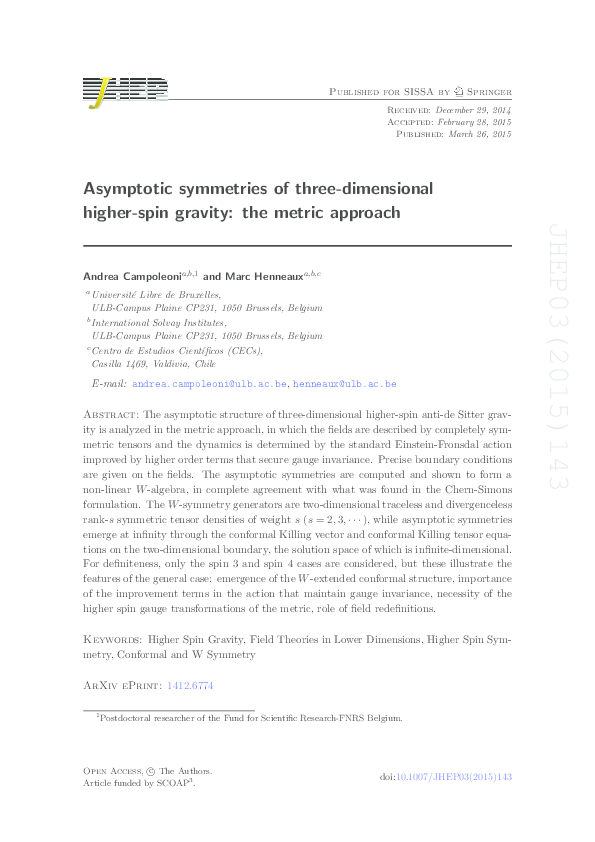 Pdf Asymptotic Symmetries Of Three Dimensional Higher Spin Gravity The Metric Approach