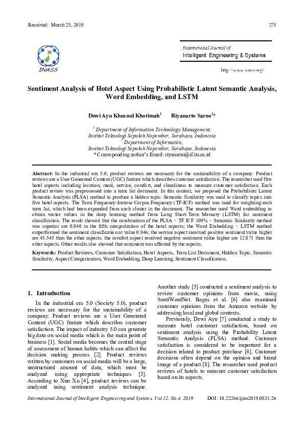 (PDF) Sentiment Analysis of Hotel Aspect Using Probabilistic Latent Semantic Analysis, Word ...