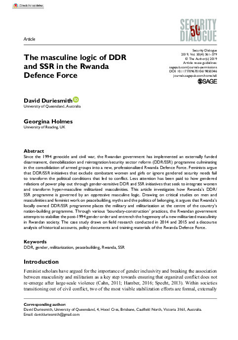 (PDF) The masculine logic of DDR and SSR in the Rwanda Defence Force