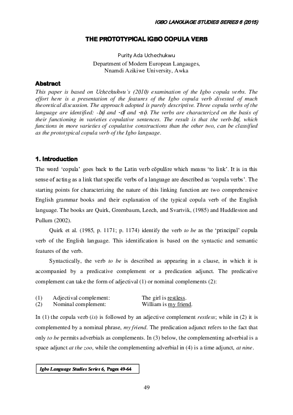 (PDF) THE PROTOTYPICAL IGBO COPULA VERB