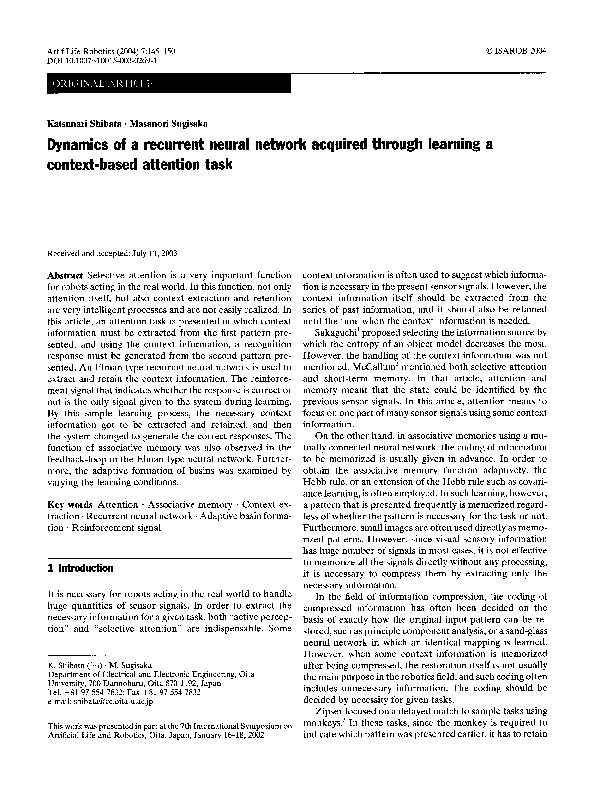 Pdf Dynamics Of A Recurrent Neural Network Acquired Through Learning A Context Based Attention