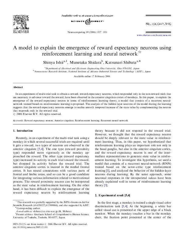 (PDF) A model to explain the emergence of reward expectancy neurons ...