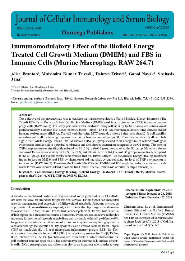 (PDF) Immunomodulatory Effect of the Biofield Energy Treated Cell Growth Medium (DMEM) and FBS ...