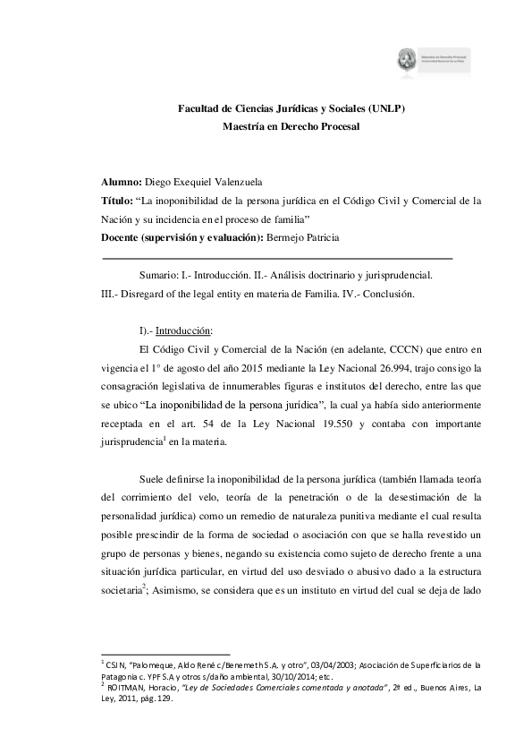 (PDF) La inoponibilidad de la persona jurídica en el Código Civil y ...