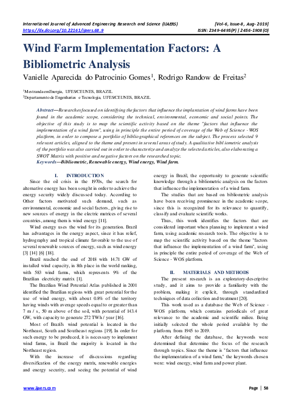 Pdf Wind Farm Implementation Factors A Bibliometric Analysis