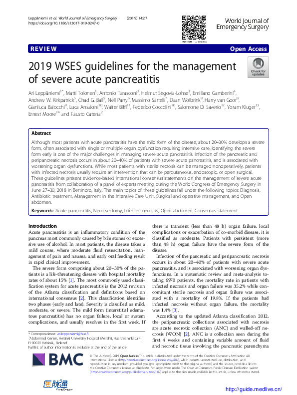 (PDF) 2019 WSES guidelines for the management of severe acute pancreatitis
