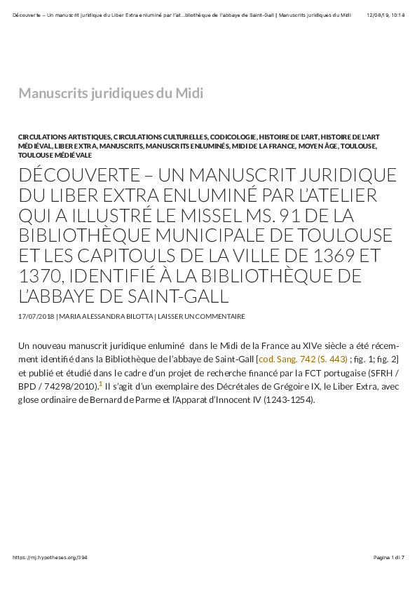 M.A. Bilotta, Découverte – Un manuscrit juridique du Liber Extra ...