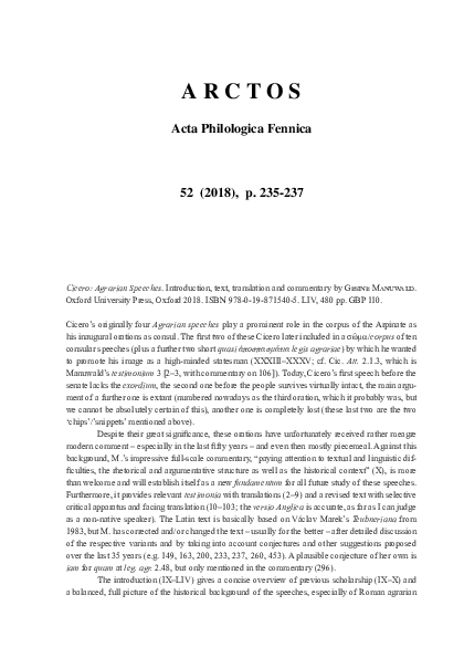 (PDF) REVIEW: Marc Steinmann: "Cicero. Agrarian Speeches." Text, transl ...