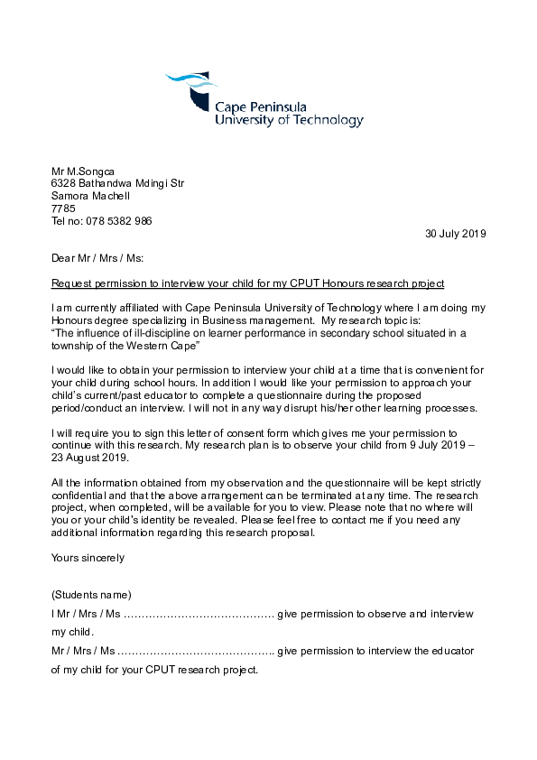 (DOC) Letter of permission to parents for research