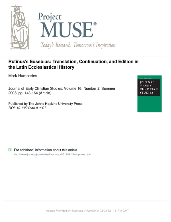 (PDF) Rufinus's Eusebius: Translation, Continuation, and Edition in the ...