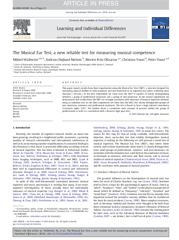 (PDF) The Musical Ear Test, a new reliable test for measuring musical ...