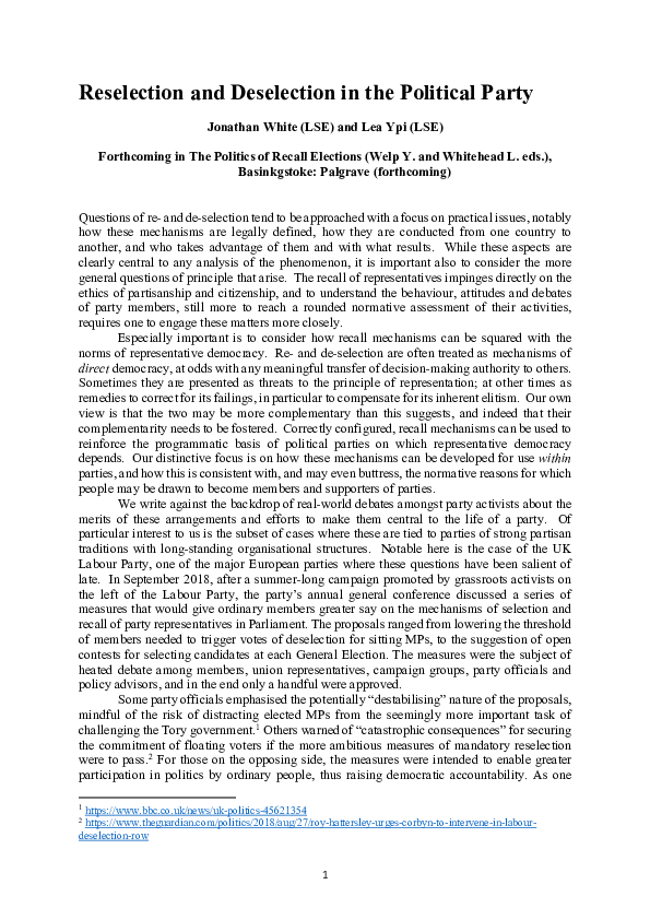 (PDF) Reselection and Deselection in the Political Party, forthcoming ...