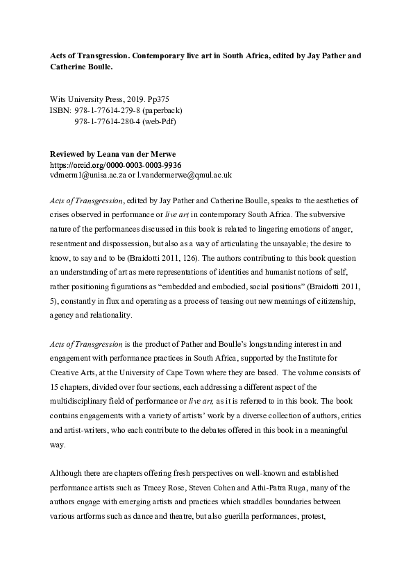 (PDF) Book review: Acts of Transgression by Jay Pather and Catherine Boulle