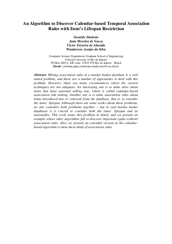 Pdf An Algorithm To Discover Calendar Based Temporal Association
