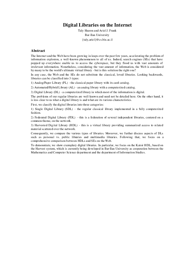 (PDF) Digital libraries on the Internet