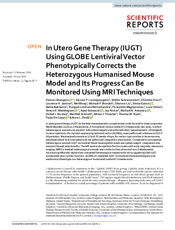 (PDF) In Utero Gene Therapy (IUGT) Using GLOBE Lentiviral Vector ...