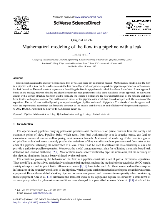 Pdf Mathematical Modeling Of The Flow In A Pipeline With A Leak 