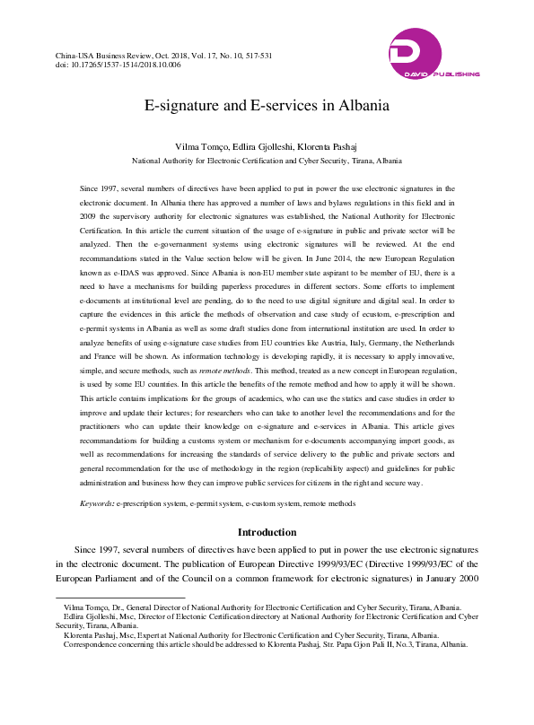 (PDF) E-signature and E-services in Albania