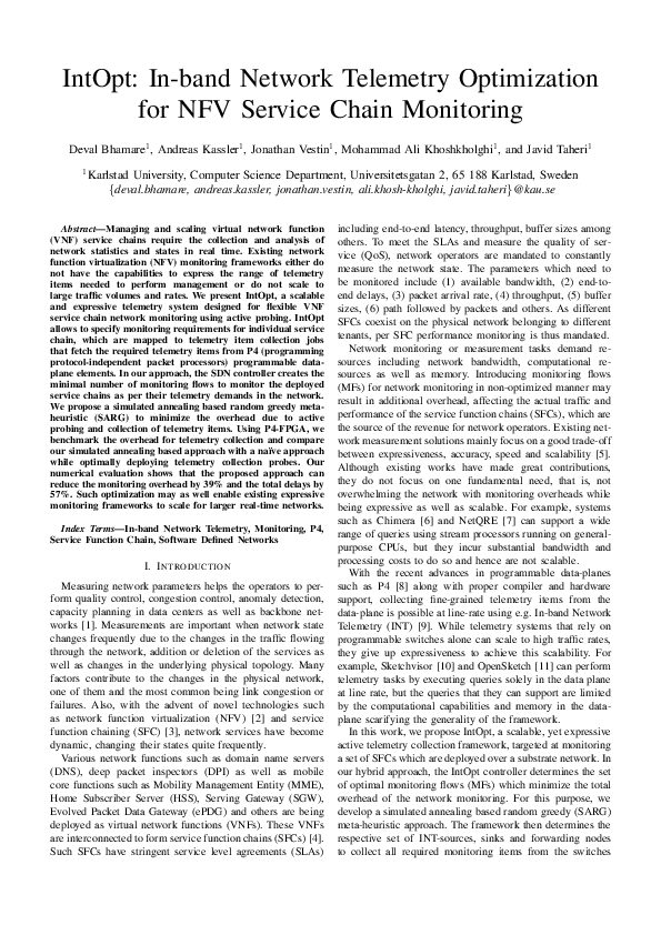 (PDF) IntOpt: In-band Network Telemetry Optimization for NFV Service Chain Monitoring