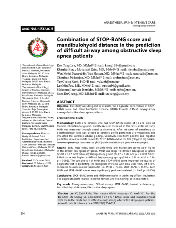 (PDF) Combination of STOP-BANG score and mandibulohyoid distance in the ...