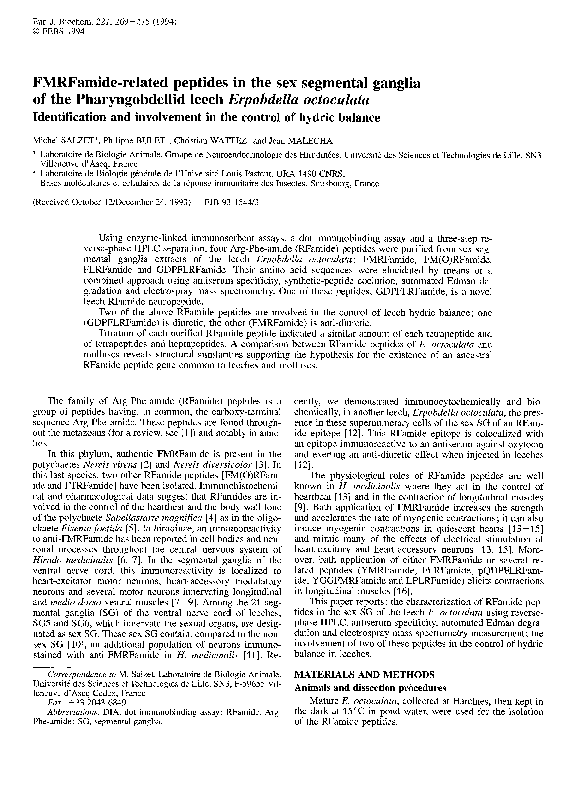 Pdf Fmrfamide Related Peptides In The Sex Segmental Ganglia Of The Pharyngobdellid Leech