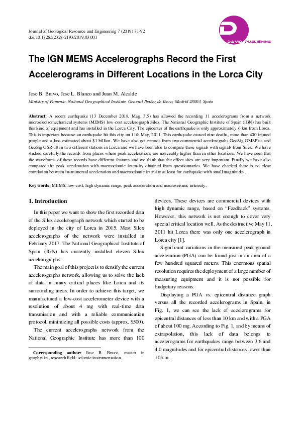 (PDF) The IGN MEMS Accelerographs Record the First Accelerograms in ...