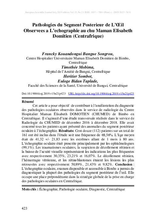(PDF) Pathologies du Segment Posterieur de L'OEil Observees a L ...