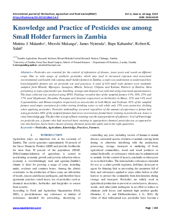 (PDF) Knowledge and Practice of Pesticides use among Small Holder farmers in Zambia
