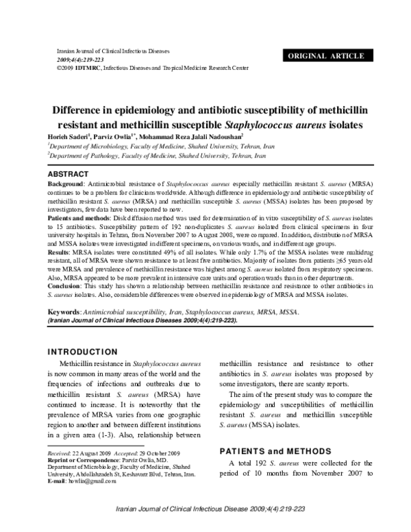 (PDF) Difference in epidemiology and antibiotic susceptibility of methicillin resistant and ...