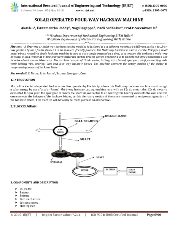 (PDF) IRJET- SOLAR OPERATED FOUR-WAY HACKSAW MACHINE