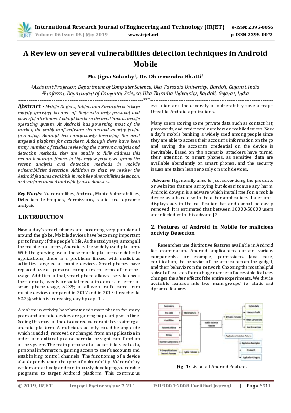 (PDF) IRJET- A Review on several vulnerabilities detection techniques in Android Mobile