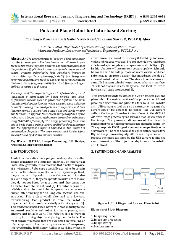 (PDF) IRJET- Pick and Place Robot for Color based Sorting