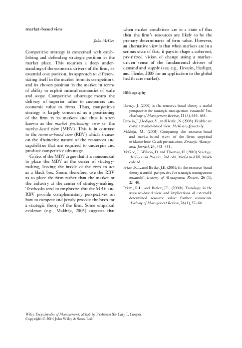 (PDF) Market‐Based View - McGee, J. (2015). Market‐Based View. In Wiley ...