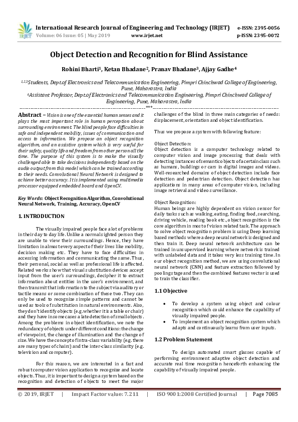 (PDF) IRJET- Object Detection and Recognition for Blind Assistance (PDF) IRJET- Object Detection and Recognition for Blind Assistance