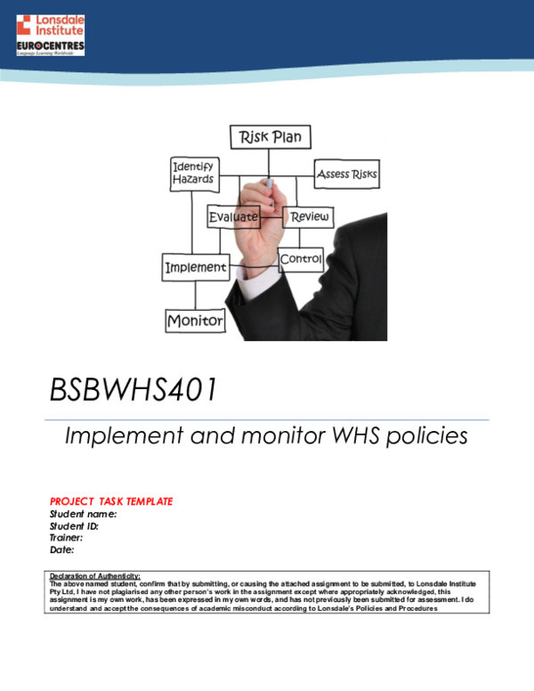 (DOC) BSBWHS401 Implement and monitor WHS policies PROJECT TASK ...