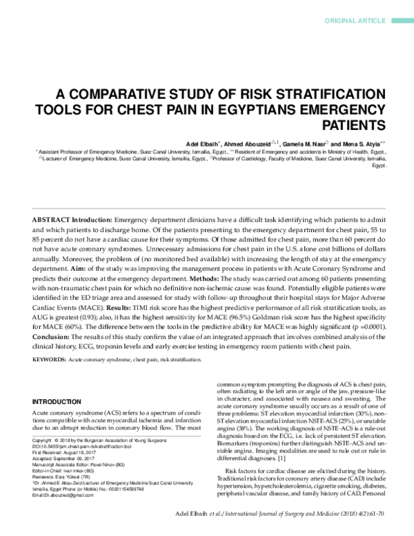 (PDF) A COMPARATIVE STUDY OF RISK STRATIFICATION TOOLS FOR CHEST PAIN ...