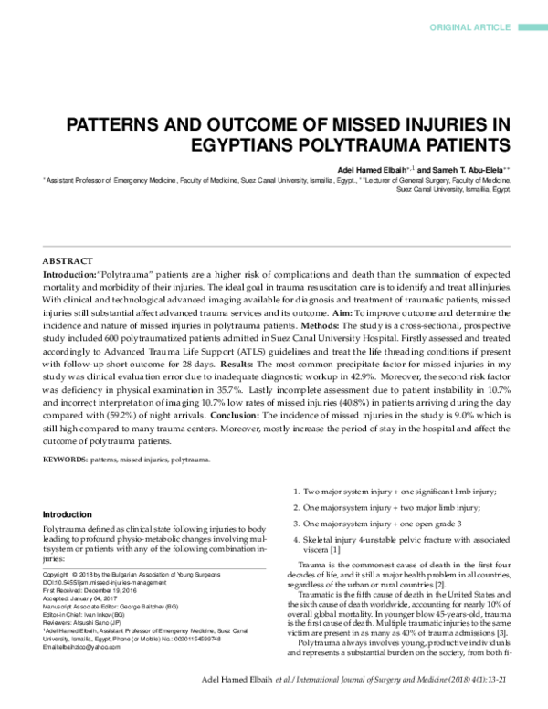(PDF) PATTERNS AND OUTCOME OF MISSED INJURIES IN EGYPTIANS POLYTRAUMA ...