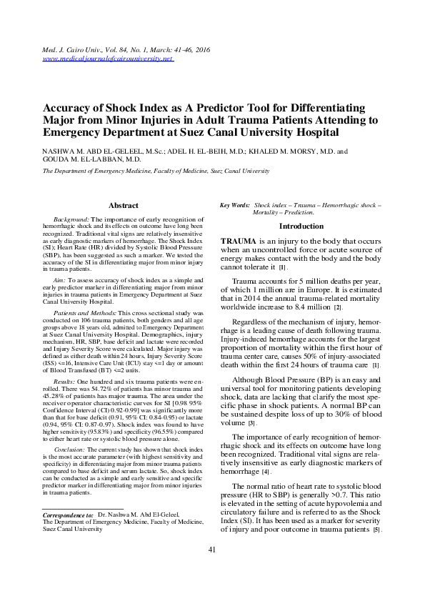 Accuracy of Shock Index as A Predictor Tool for Differentiating Major ...