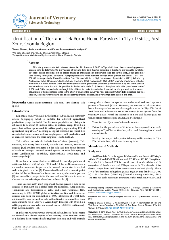 (PDF) Identification of Tick and Tick Borne Hemo-Parasites in Tiyo ...
