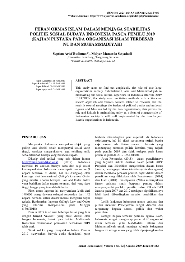 (PDF) PERAN ORMAS ISLAM DALAM MENJAGA STABILITAS POLITIK SOSIAL BUDAYA INDONESIA PASCA PEMILU ...