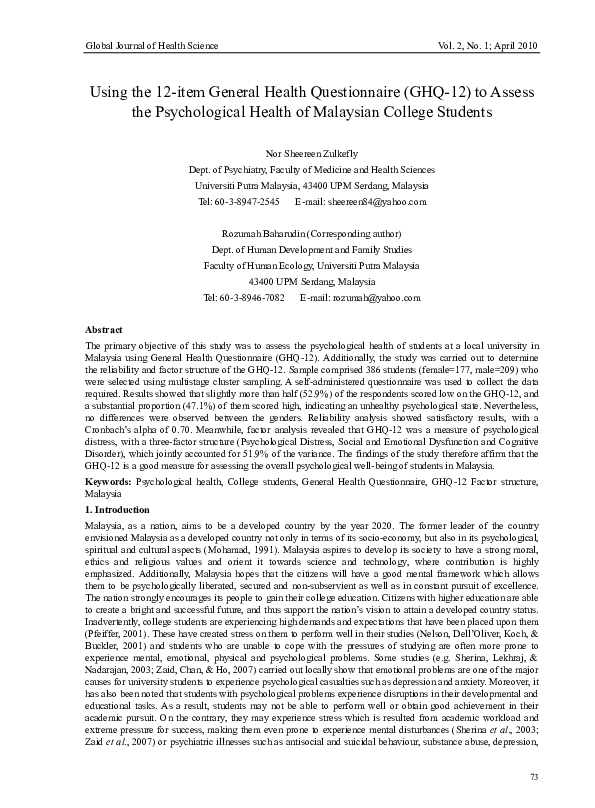 (PDF) Using the 12-item General Health Questionnaire (GHQ-12) to Assess ...