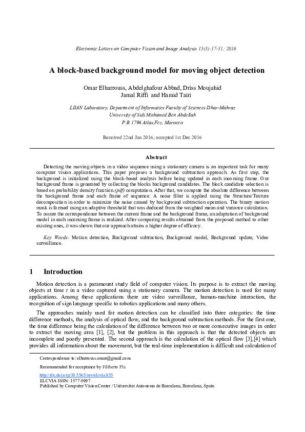 Pdf Block Based Background Model For Object Detection