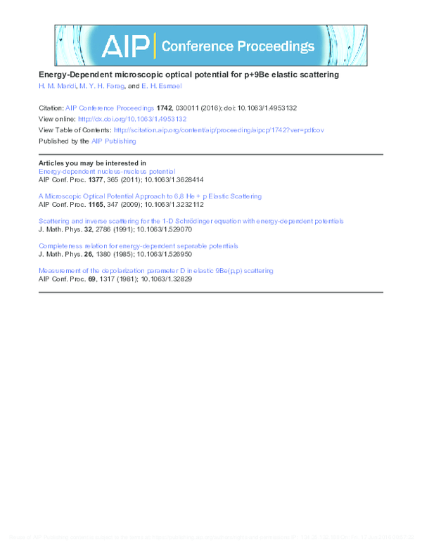 (PDF) Energy-Dependent microscopic optical potential for p+9Be elastic ...
