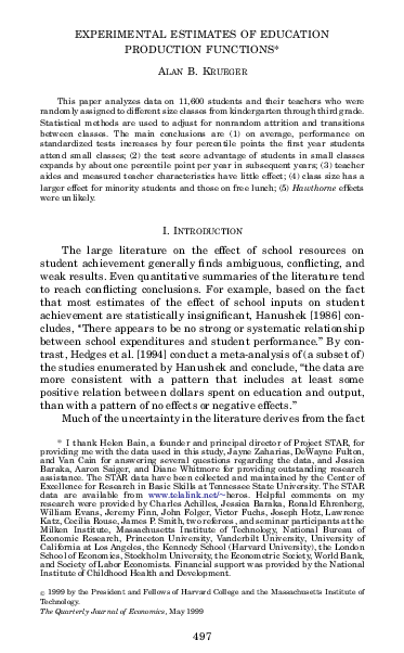 (PDF) EXPERIMENTAL ESTIMATES OF EDUCATION PRODUCTION FUNCTIONS