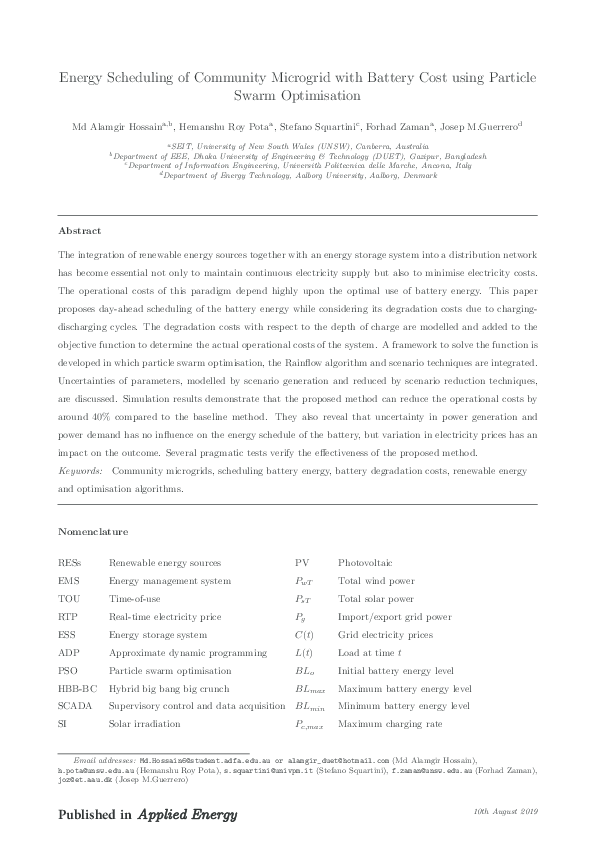 Pdf Energy Scheduling Of Community Microgrid With Battery Cost Using Particle Swarm Optimisation
