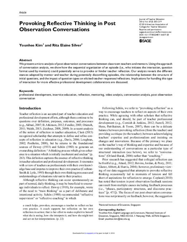 (PDF) Provoking reflective thinking in post observation conversations.