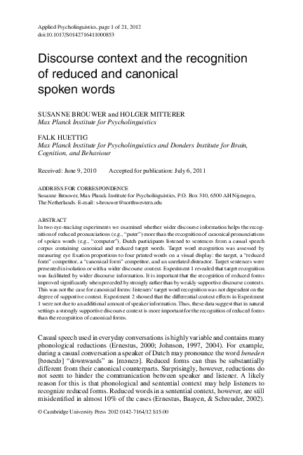 Pdf Discourse Context And The Recognition Of Reduced And Canonical