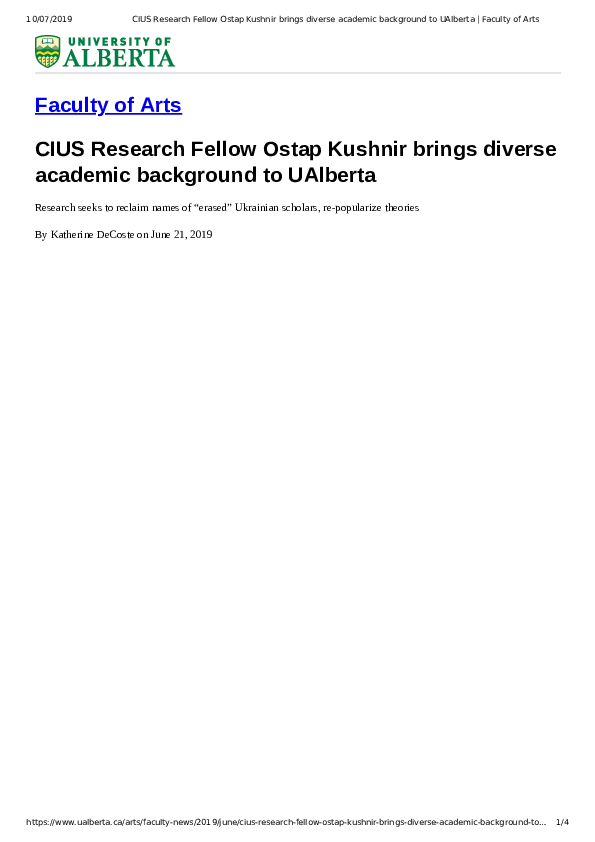 (PDF) CIUS Research Fellow Ostap Kushnir brings diverse academic background to UAlberta